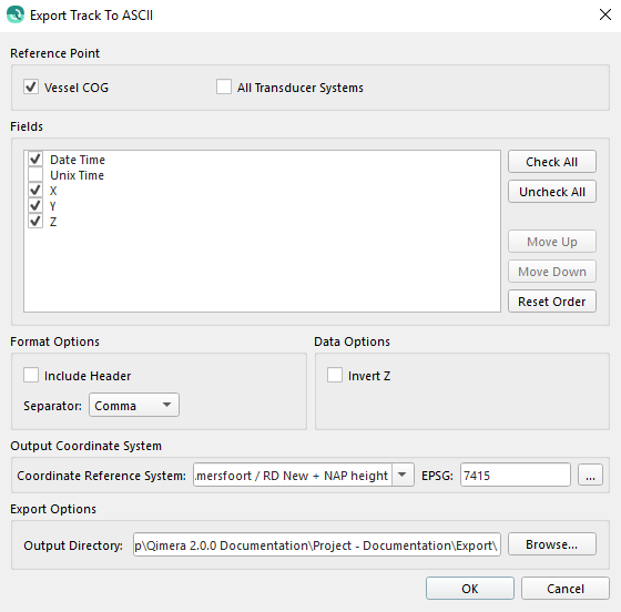 Qimera Export Track To ASCII Dialog